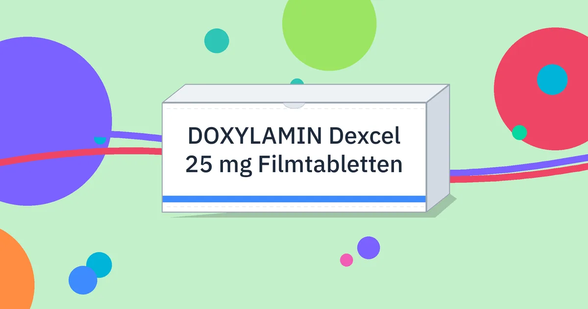Symbolbild: Packung mit der Aufschrift DOXYLAMIN Dexcel 25 mg Filmtabletten (PZN 18884436) – Verfügbarkeit und Bezug in Apotheken in Frankfurt am Main