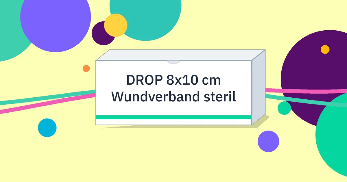 Symbolbild: Packung mit der Aufschrift DROP 8x10 cm Wundverband steril (PZN 03274637) – Verfügbarkeit und Bezug in Apotheken in Frankfurt am Main