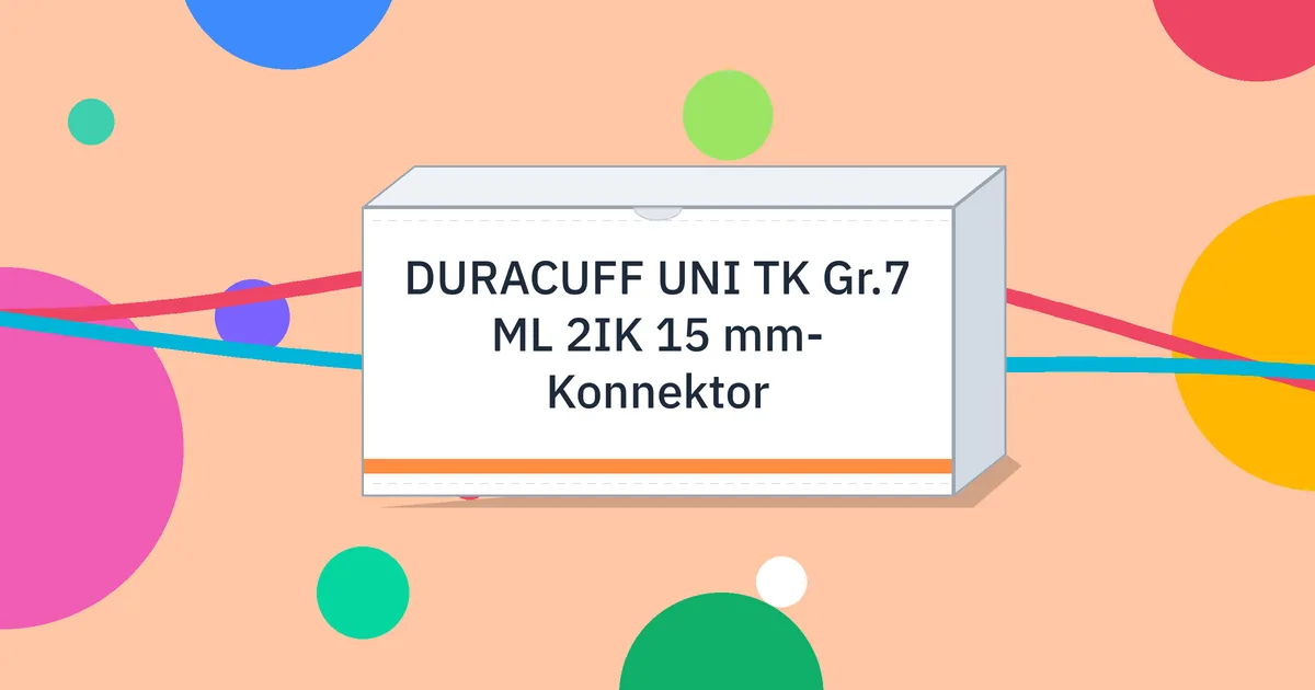 Symbolbild: Packung mit der Aufschrift DURACUFF UNI TK Gr.7 ML 2IK 15 mm-Konnektor (PZN 00943204) – Verfügbarkeit und Bezug in Apotheken in Frankfurt am Main