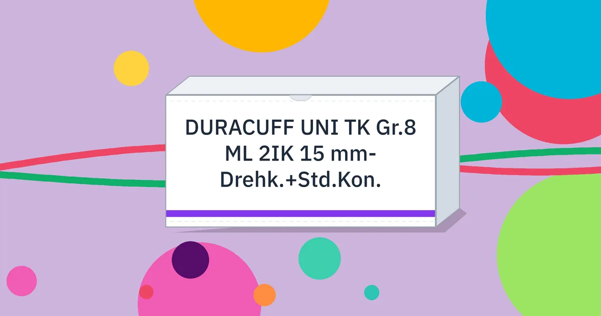 Symbolbild: Packung mit der Aufschrift DURACUFF UNI TK Gr.8 ML 2IK 15 mm-Drehk.+Std.Kon. (PZN 04961021) – Verfügbarkeit und Bezug in Apotheken in Frankfurt am Main