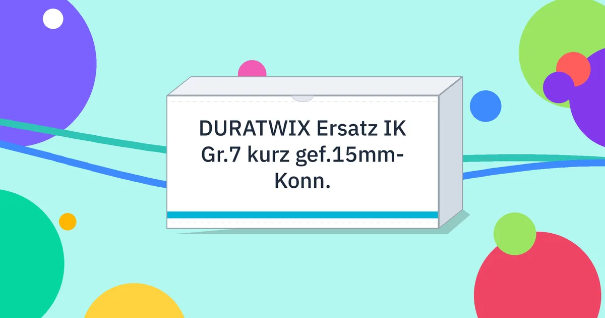 Symbolbild: Packung mit der Aufschrift DURATWIX Ersatz IK Gr.7 kurz gef.15mm-Konn. (PZN 06990794) – Verfügbarkeit und Bezug in Apotheken in Frankfurt am Main