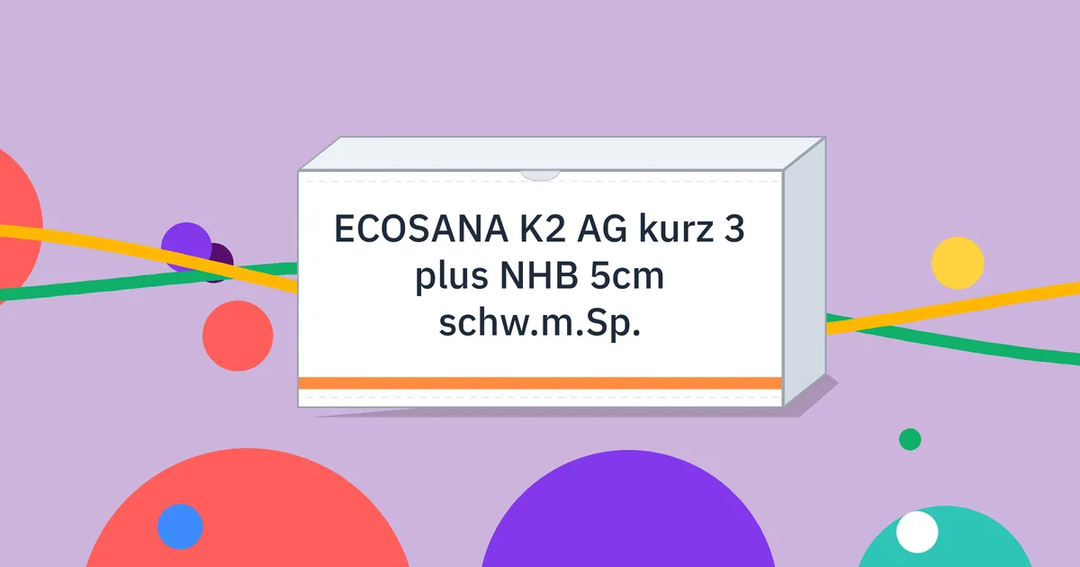 Symbolbild: Packung mit der Aufschrift ECOSANA K2 AG kurz 3 plus NHB 5cm schw.m.Sp. (PZN 01413141) – Verfügbarkeit und Bezug in Apotheken in Frankfurt am Main