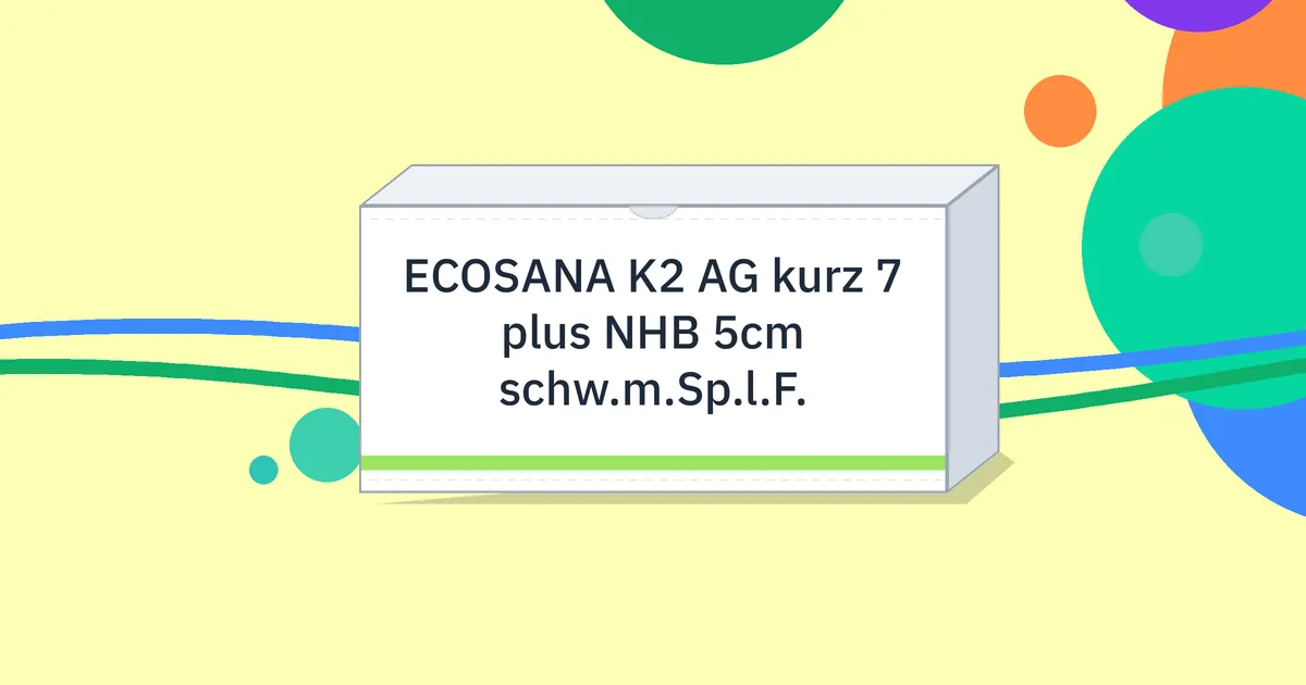 Symbolbild: Packung mit der Aufschrift ECOSANA K2 AG kurz 7 plus NHB 5cm schw.m.Sp.l.F. (PZN 10955556) – Verfügbarkeit und Bezug in Apotheken in Frankfurt am Main