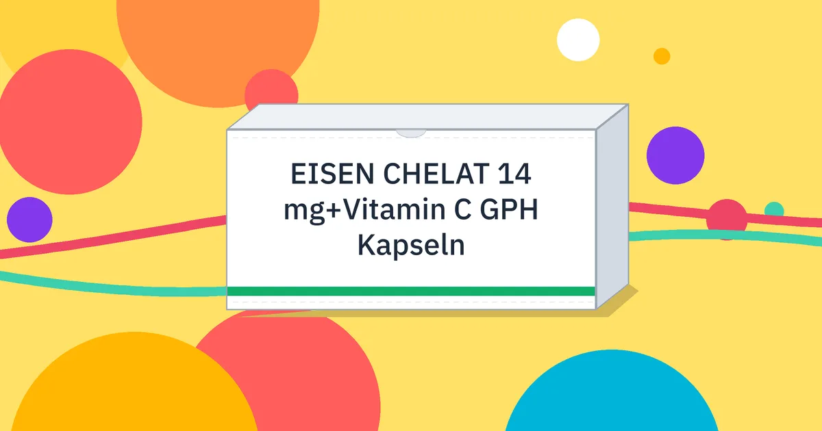 Symbolbild: Packung mit der Aufschrift EISEN CHELAT 14 mg+Vitamin C GPH Kapseln (PZN 10082565) – Verfügbarkeit und Bezug in Apotheken in Frankfurt am Main