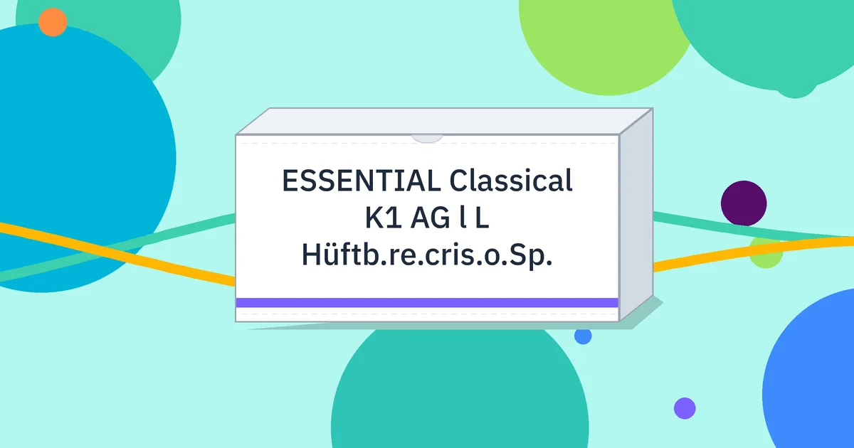 Symbolbild: Packung mit der Aufschrift ESSENTIAL Classical K1 AG l L Hüftb.re.cris.o.Sp. (PZN 17012295) – Verfügbarkeit und Bezug in Apotheken in Frankfurt am Main