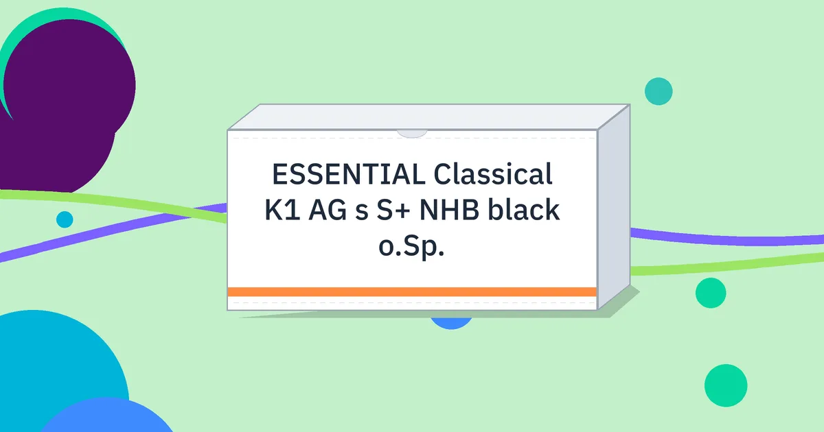 Symbolbild: Packung mit der Aufschrift ESSENTIAL Classical K1 AG s S+ NHB black o.Sp. (PZN 17004491) – Verfügbarkeit und Bezug in Apotheken in Frankfurt am Main