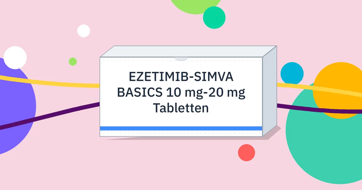 Symbolbild: Packung mit der Aufschrift EZETIMIB-SIMVA BASICS 10 mg-20 mg Tabletten (PZN 13828114) – Verfügbarkeit und Bezug in Apotheken in Frankfurt am Main