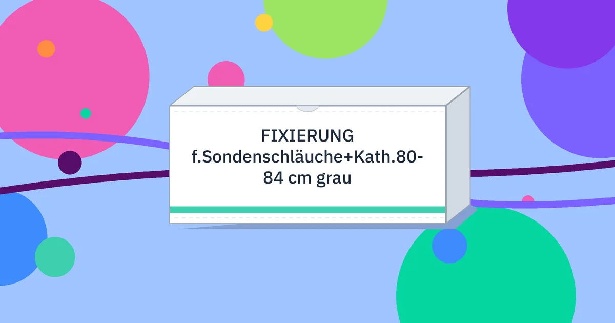 Symbolbild: Packung mit der Aufschrift FIXIERUNG f.Sondenschläuche+Kath.80-84 cm grau (PZN 20653230) – Verfügbarkeit und Bezug in Apotheken in Frankfurt am Main