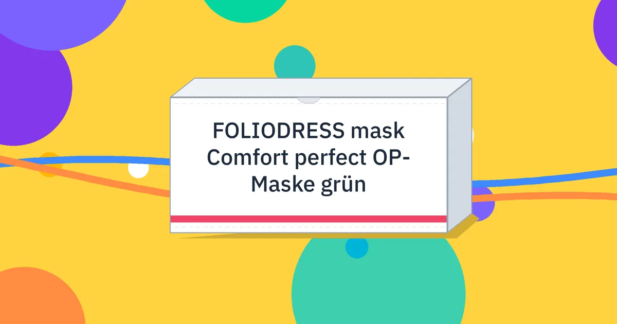 Symbolbild: Packung mit der Aufschrift FOLIODRESS mask Comfort perfect OP-Maske grün (PZN 02845552) – Verfügbarkeit und Bezug in Apotheken in Frankfurt am Main