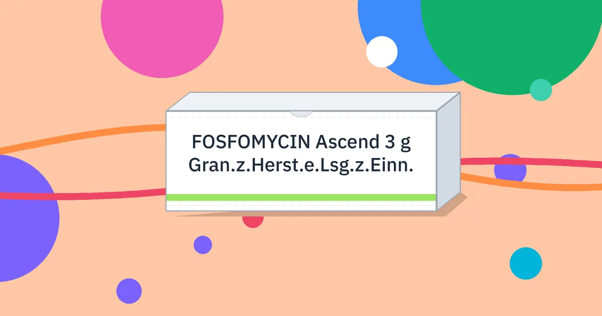 Symbolbild: Packung mit der Aufschrift FOSFOMYCIN Ascend 3 g Gran.z.Herst.e.Lsg.z.Einn. (PZN 20006039) – Verfügbarkeit und Bezug in Apotheken in Frankfurt am Main