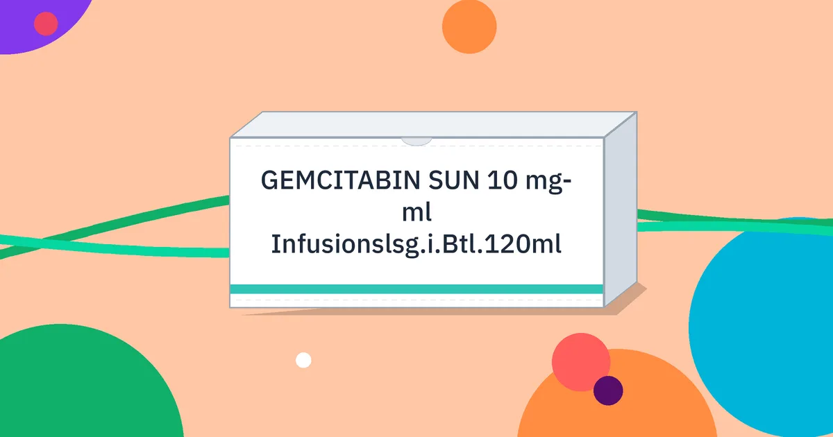 Symbolbild: Packung mit der Aufschrift GEMCITABIN SUN 10 mg-ml Infusionslsg.i.Btl.120ml (PZN 11305777) – Verfügbarkeit und Bezug in Apotheken in Frankfurt am Main