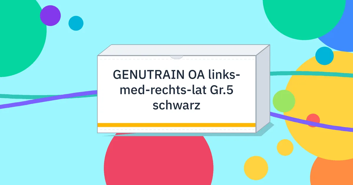 Symbolbild: Packung mit der Aufschrift GENUTRAIN OA links-med-rechts-lat Gr.5 schwarz (PZN 16144126) – Verfügbarkeit und Bezug in Apotheken in Frankfurt am Main