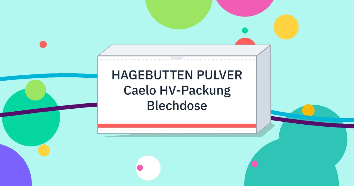 Symbolbild: Packung mit der Aufschrift HAGEBUTTEN PULVER Caelo HV-Packung Blechdose (PZN 10629791) – Verfügbarkeit und Bezug in Apotheken in Frankfurt am Main