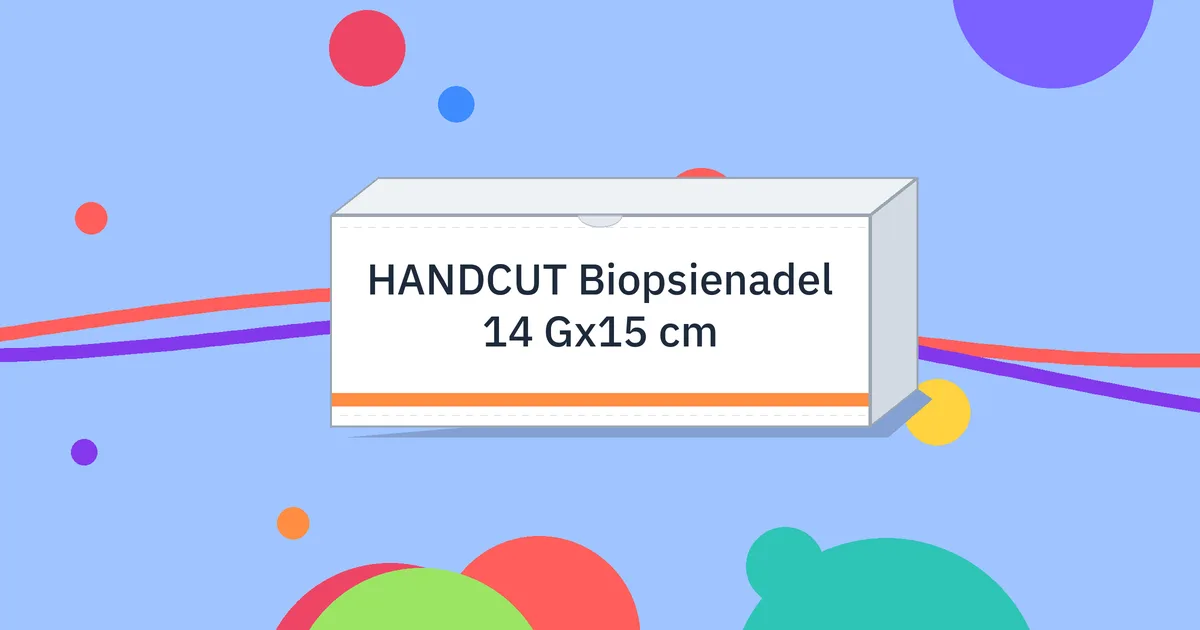 Symbolbild: Packung mit der Aufschrift HANDCUT Biopsienadel 14 Gx15 cm (PZN 16921564) – Verfügbarkeit und Bezug in Apotheken in Frankfurt am Main