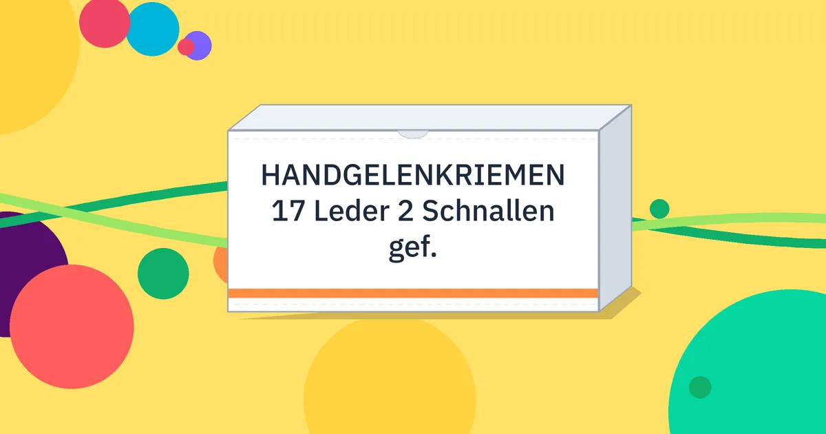 Symbolbild: Packung mit der Aufschrift HANDGELENKRIEMEN 17 Leder 2 Schnallen gef. (PZN 01727460) – Verfügbarkeit und Bezug in Apotheken in Frankfurt am Main