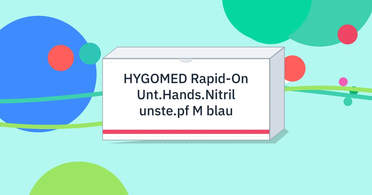 Symbolbild: Packung mit der Aufschrift HYGOMED Rapid-On Unt.Hands.Nitril unste.pf M blau (PZN 20772265) – Verfügbarkeit und Bezug in Apotheken in Frankfurt am Main