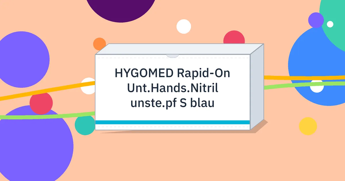 Symbolbild: Packung mit der Aufschrift HYGOMED Rapid-On Unt.Hands.Nitril unste.pf S blau (PZN 20775134) – Verfügbarkeit und Bezug in Apotheken in Frankfurt am Main