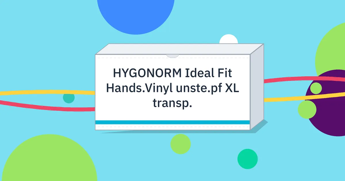 Symbolbild: Packung mit der Aufschrift HYGONORM Ideal Fit Hands.Vinyl unste.pf XL transp. (PZN 20772236) – Verfügbarkeit und Bezug in Apotheken in Frankfurt am Main