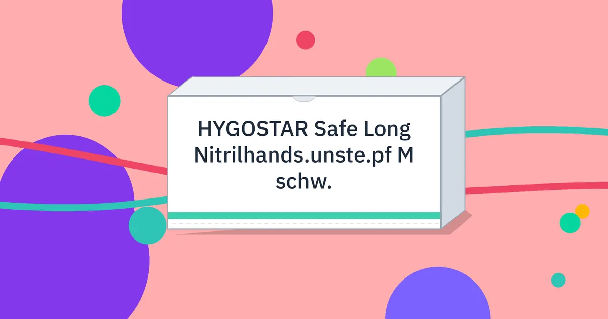 Symbolbild: Packung mit der Aufschrift HYGOSTAR Safe Long Nitrilhands.unste.pf M schw. (PZN 20772259) – Verfügbarkeit und Bezug in Apotheken in Frankfurt am Main