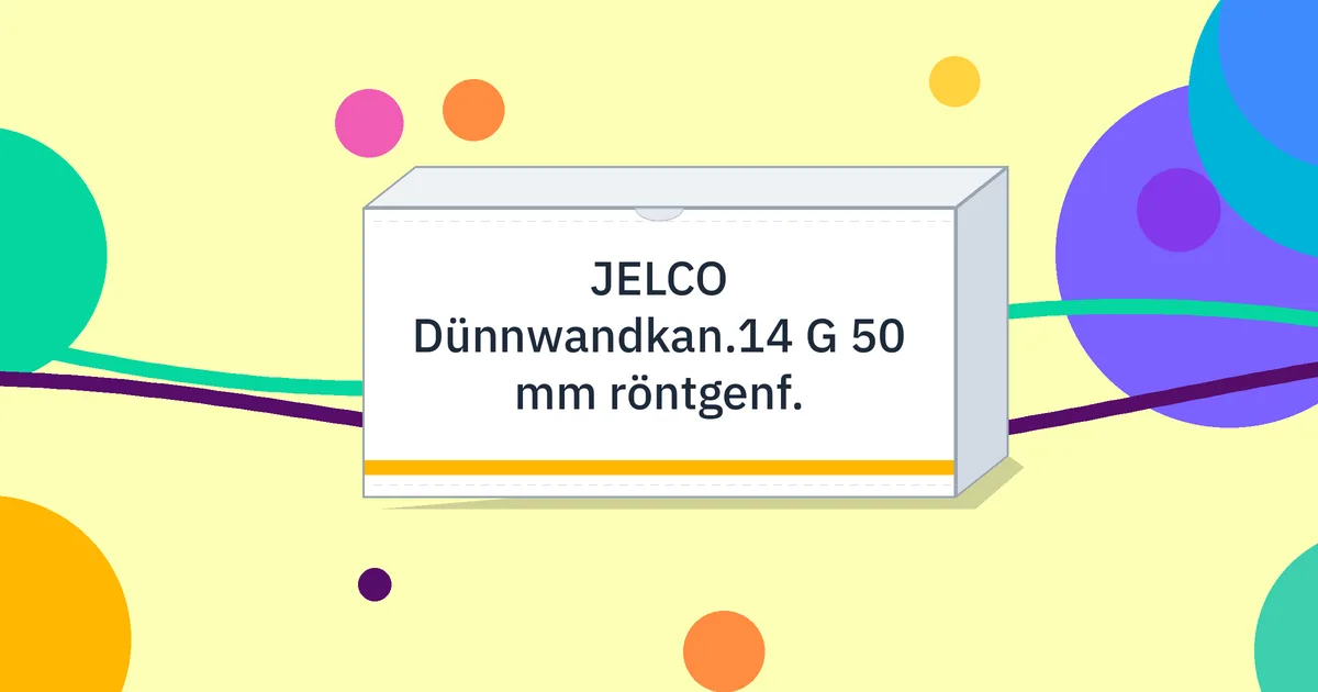 Symbolbild: Packung mit der Aufschrift JELCO Dünnwandkan.14 G 50 mm röntgenf. (PZN 09106421) – Verfügbarkeit und Bezug in Apotheken in Frankfurt am Main