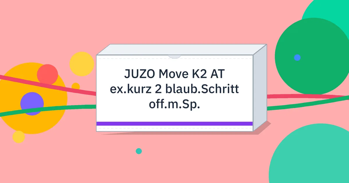 Symbolbild: Packung mit der Aufschrift JUZO Move K2 AT ex.kurz 2 blaub.Schritt off.m.Sp. (PZN 20671328) – Verfügbarkeit und Bezug in Apotheken in Frankfurt am Main