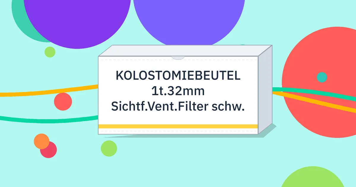 Symbolbild: Packung mit der Aufschrift KOLOSTOMIEBEUTEL 1t.32mm Sichtf.Vent.Filter schw. (PZN 18423913) – Verfügbarkeit und Bezug in Apotheken in Frankfurt am Main