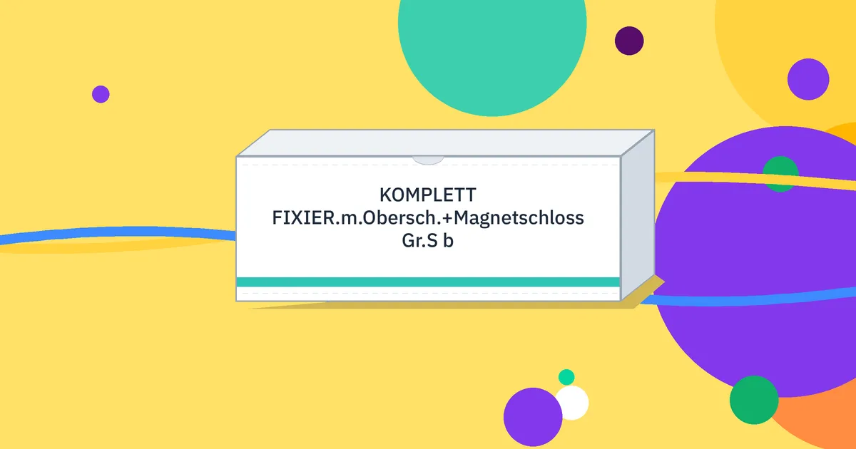Symbolbild: Packung mit der Aufschrift KOMPLETT FIXIER.m.Obersch.+Magnetschloss Gr.S b (PZN 11573638) – Verfügbarkeit und Bezug in Apotheken in Frankfurt am Main