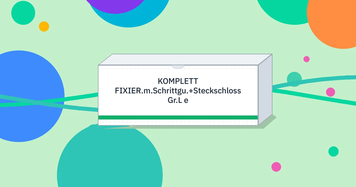 Symbolbild: Packung mit der Aufschrift KOMPLETT FIXIER.m.Schrittgu.+Steckschloss Gr.L e (PZN 11573472) – Verfügbarkeit und Bezug in Apotheken in Frankfurt am Main