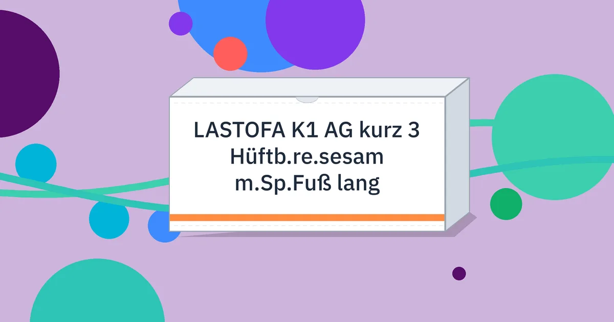 Symbolbild: Packung mit der Aufschrift LASTOFA K1 AG kurz 3 Hüftb.re.sesam m.Sp.Fuß lang (PZN 13798198) – Verfügbarkeit und Bezug in Apotheken in Frankfurt am Main
