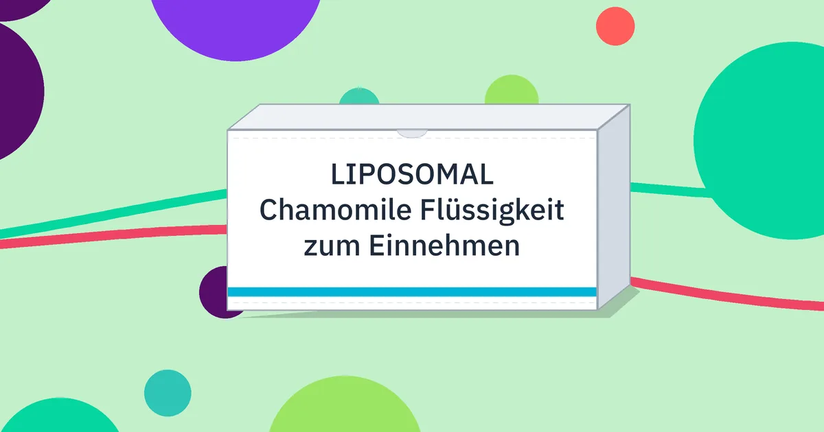 Symbolbild: Packung mit der Aufschrift LIPOSOMAL Chamomile Flüssigkeit zum Einnehmen (PZN 19407365) – Verfügbarkeit und Bezug in Apotheken in Frankfurt am Main