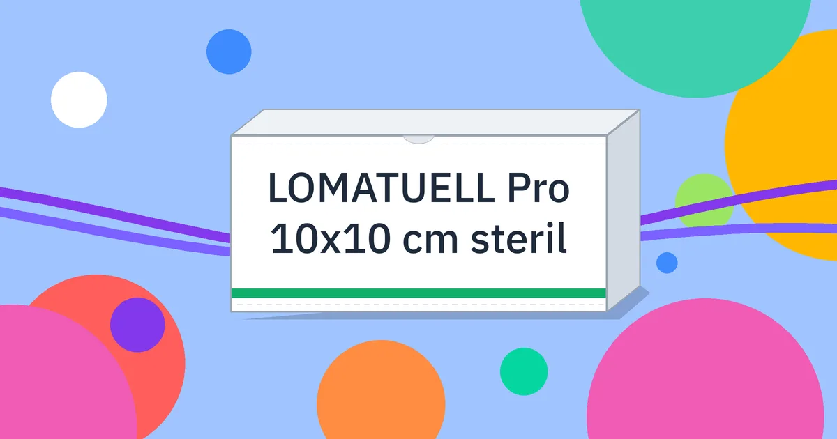 Symbolbild: Packung mit der Aufschrift LOMATUELL Pro 10x10 cm steril (PZN 17452189) – Verfügbarkeit und Bezug in Apotheken in Frankfurt am Main
