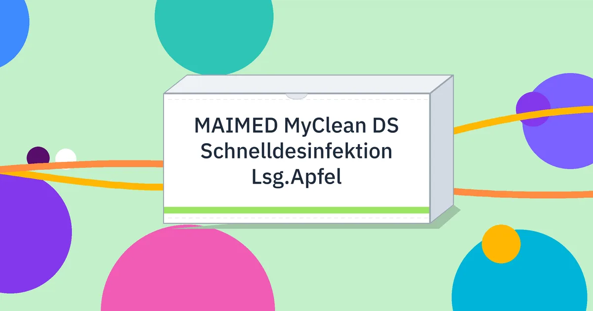 Symbolbild: Packung mit der Aufschrift MAIMED MyClean DS Schnelldesinfektion Lsg.Apfel (PZN 10305870) – Verfügbarkeit und Bezug in Apotheken in Frankfurt am Main
