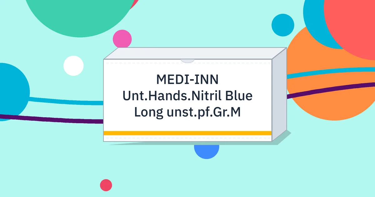 Symbolbild: Packung mit der Aufschrift MEDI-INN Unt.Hands.Nitril Blue Long unst.pf.Gr.M (PZN 10535268) – Verfügbarkeit und Bezug in Apotheken in Frankfurt am Main