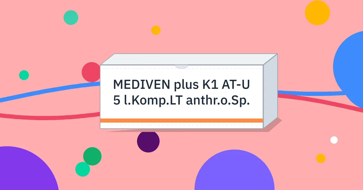 Symbolbild: Packung mit der Aufschrift MEDIVEN plus K1 AT-U 5 l.Komp.LT anthr.o.Sp. (PZN 15032750) – Verfügbarkeit und Bezug in Apotheken in Frankfurt am Main