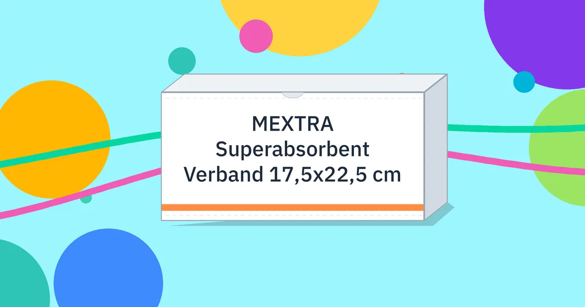Symbolbild: Packung mit der Aufschrift MEXTRA Superabsorbent Verband 17,5x22,5 cm (PZN 17615852) – Verfügbarkeit und Bezug in Apotheken in Frankfurt am Main