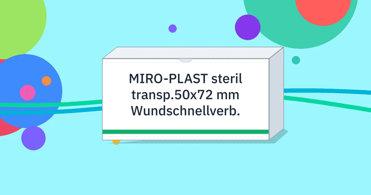 Symbolbild: Packung mit der Aufschrift MIRO-PLAST steril transp.50x72 mm Wundschnellverb. (PZN 18001201) – Verfügbarkeit und Bezug in Apotheken in Frankfurt am Main