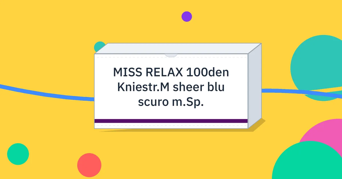 Symbolbild: Packung mit der Aufschrift MISS RELAX 100den Kniestr.M sheer blu scuro m.Sp. (PZN 01635835) – Verfügbarkeit und Bezug in Apotheken in Frankfurt am Main
