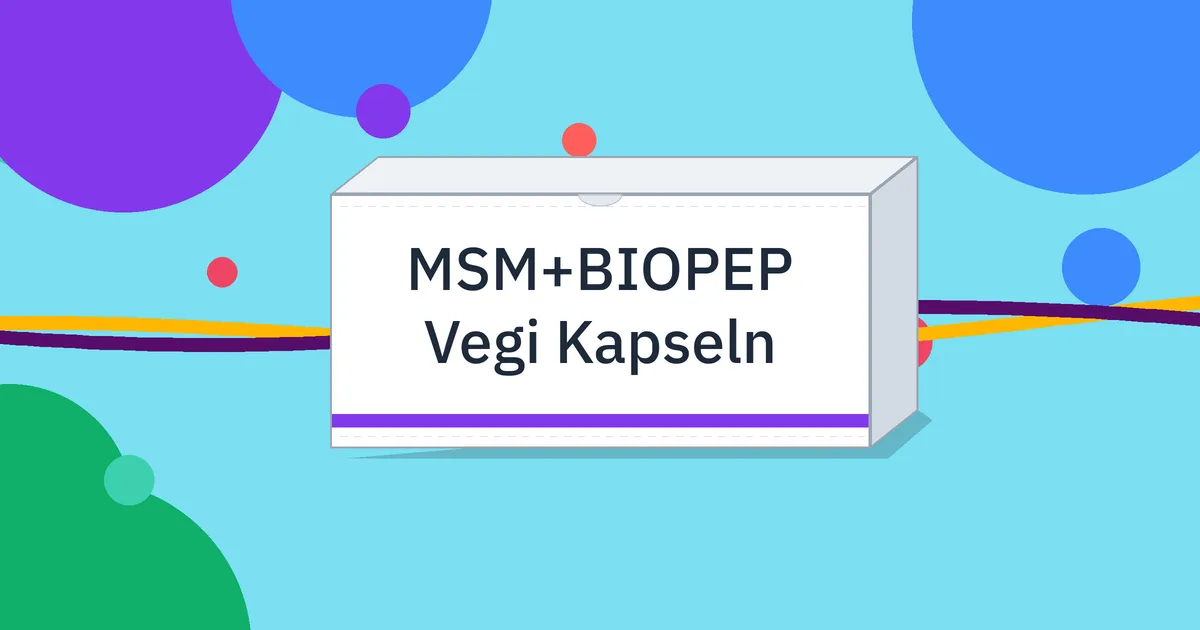 Symbolbild: Packung mit der Aufschrift MSM+BIOPEP Vegi Kapseln (PZN 03850348) – Verfügbarkeit und Bezug in Apotheken in Frankfurt am Main