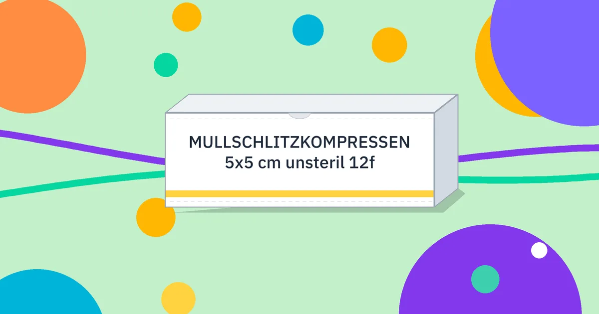 Symbolbild: Packung mit der Aufschrift MULLSCHLITZKOMPRESSEN 5x5 cm unsteril 12f (PZN 12491090) – Verfügbarkeit und Bezug in Apotheken in Frankfurt am Main
