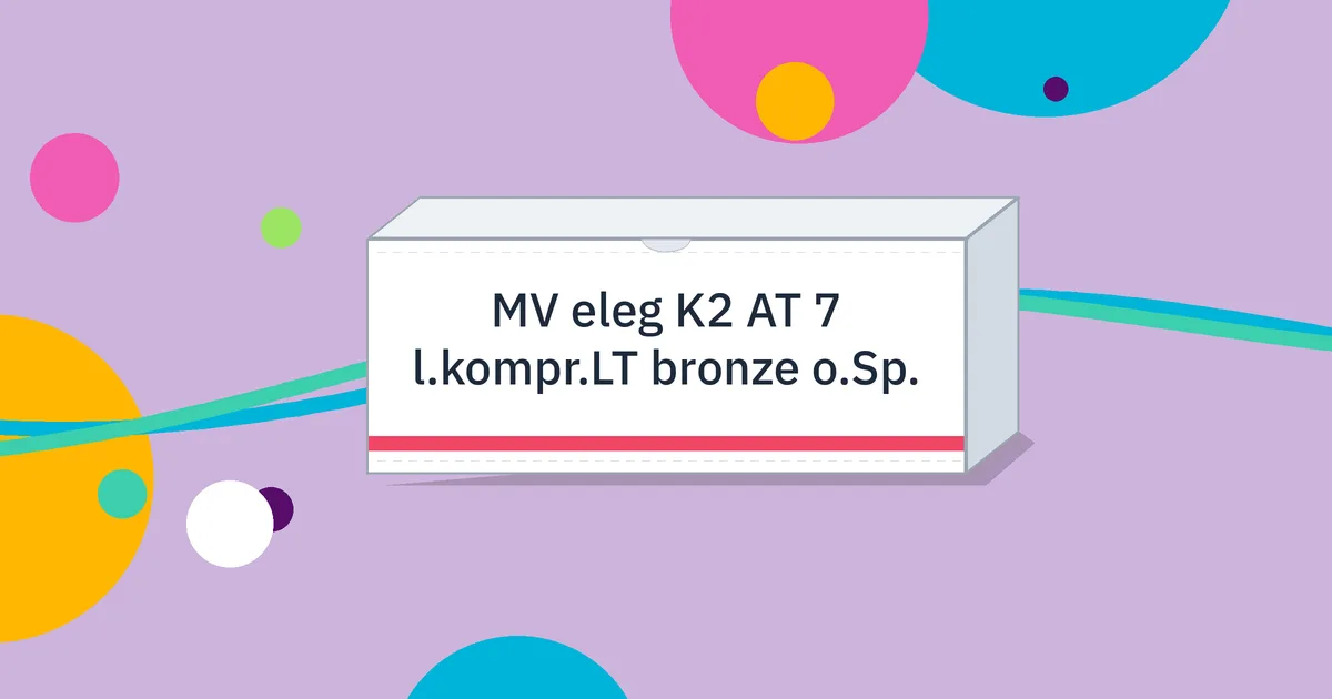 Symbolbild: Packung mit der Aufschrift MV eleg K2 AT 7 l.kompr.LT bronze o.Sp. (PZN 15285238) – Verfügbarkeit und Bezug in Apotheken in Frankfurt am Main
