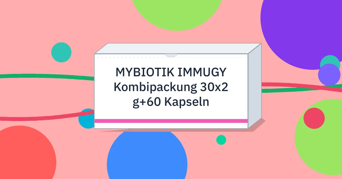 Symbolbild: Packung mit der Aufschrift MYBIOTIK IMMUGY Kombipackung 30x2 g+60 Kapseln (PZN 16537475) – Verfügbarkeit und Bezug in Apotheken in Frankfurt am Main