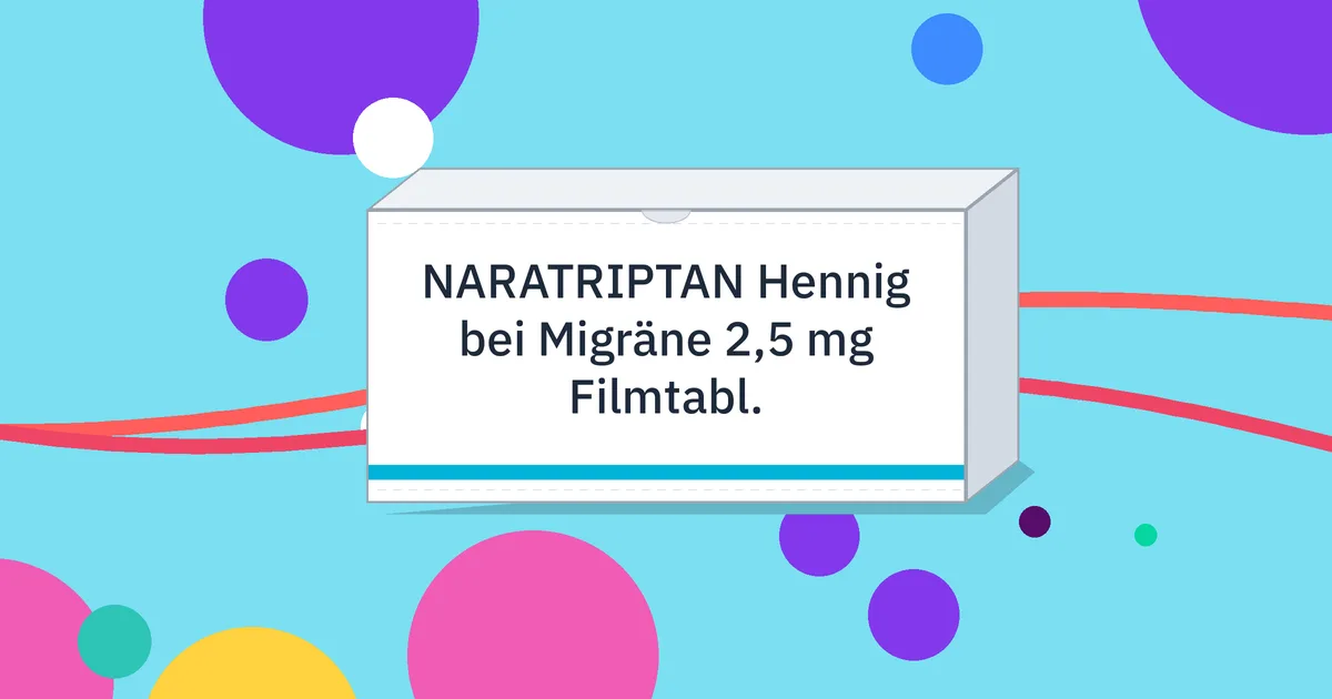 Symbolbild: Packung mit der Aufschrift NARATRIPTAN Hennig bei Migräne 2,5 mg Filmtabl. (PZN 03212062) – Verfügbarkeit und Bezug in Apotheken in Frankfurt am Main