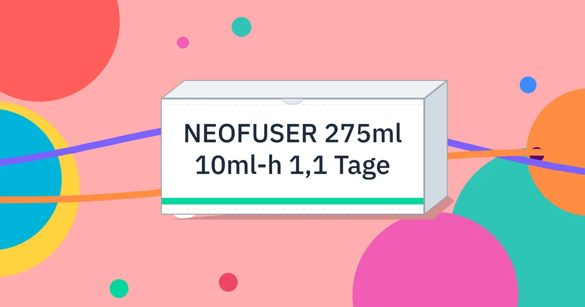 Symbolbild: Packung mit der Aufschrift NEOFUSER 275ml 10ml-h 1,1 Tage (PZN 16512251) – Verfügbarkeit und Bezug in Apotheken in Frankfurt am Main