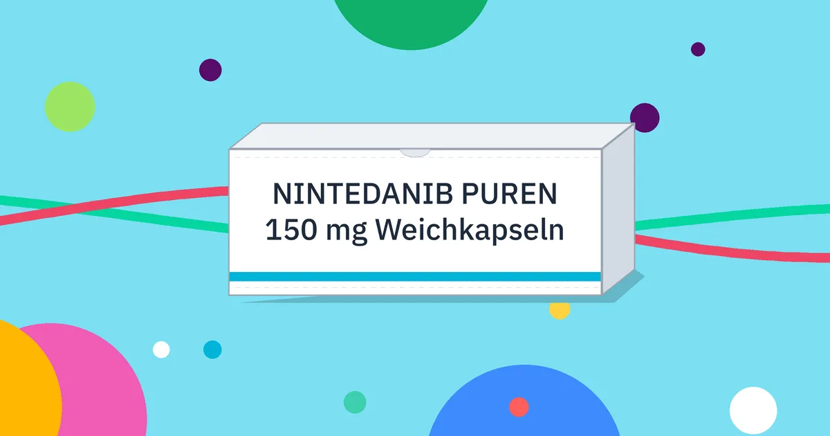 Symbolbild: Packung mit der Aufschrift NINTEDANIB PUREN 150 mg Weichkapseln (PZN 19398117) – Verfügbarkeit und Bezug in Apotheken in Frankfurt am Main