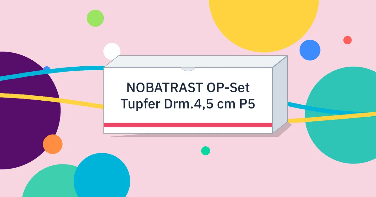 Symbolbild: Packung mit der Aufschrift NOBATRAST OP-Set Tupfer Drm.4,5 cm P5 (PZN 16945694) – Verfügbarkeit und Bezug in Apotheken in Frankfurt am Main
