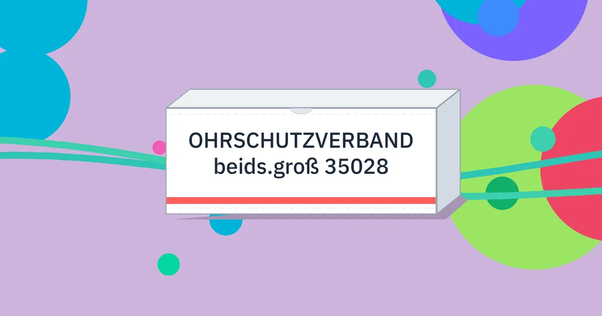Symbolbild: Packung mit der Aufschrift OHRSCHUTZVERBAND beids.groß 35028 (PZN 00185732) – Verfügbarkeit und Bezug in Apotheken in Frankfurt am Main
