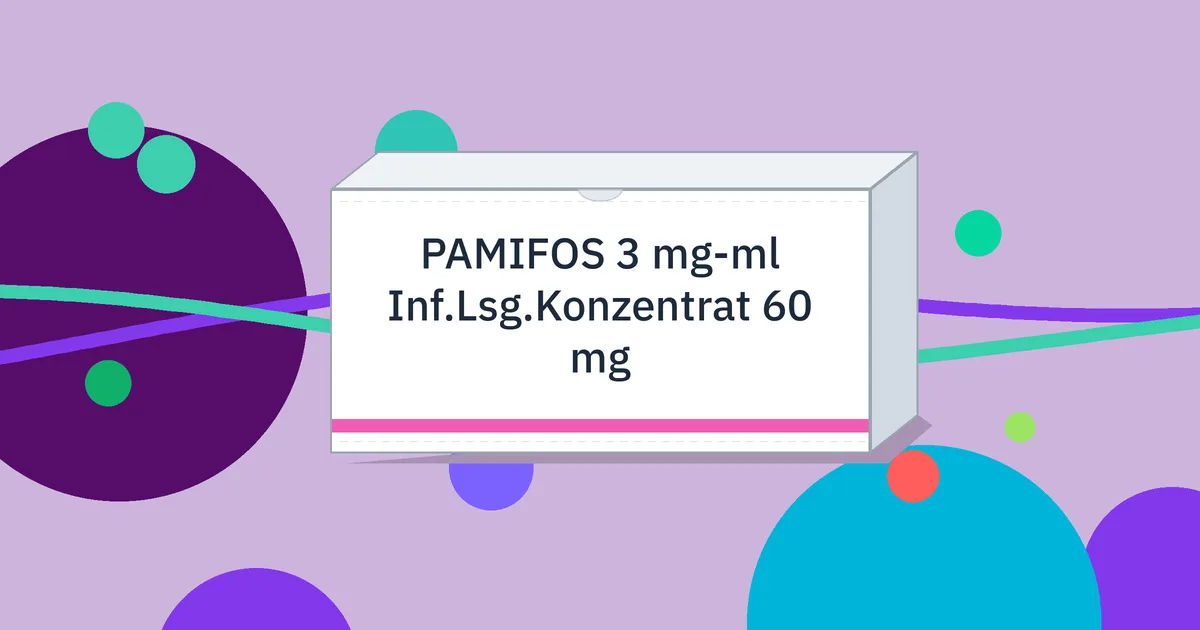 Symbolbild: Packung mit der Aufschrift PAMIFOS 3 mg-ml Inf.Lsg.Konzentrat 60 mg (PZN 03162269) – Verfügbarkeit und Bezug in Apotheken in Frankfurt am Main