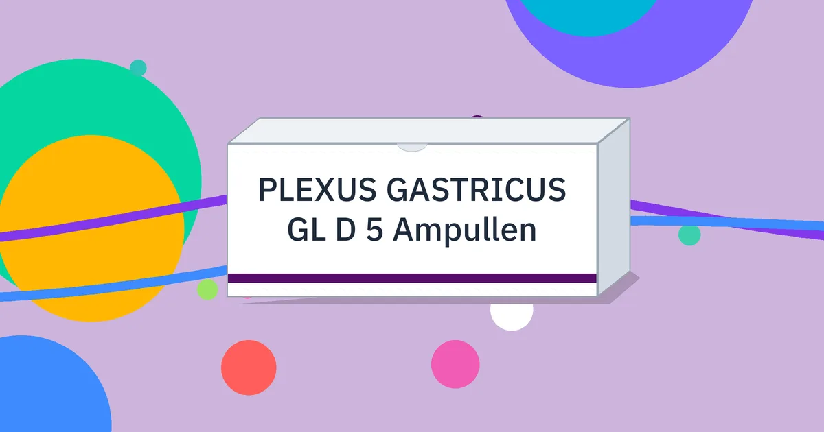 Symbolbild: Packung mit der Aufschrift PLEXUS GASTRICUS GL D 5 Ampullen (PZN 04626848) – Verfügbarkeit und Bezug in Apotheken in Frankfurt am Main