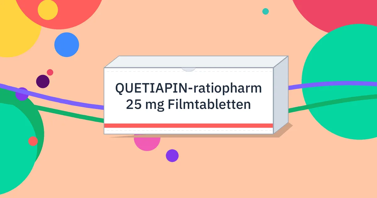 Symbolbild: Packung mit der Aufschrift QUETIAPIN-ratiopharm 25 mg Filmtabletten (PZN 09252453) – Verfügbarkeit und Bezug in Apotheken in Frankfurt am Main