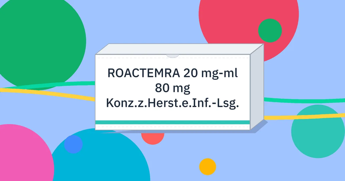 Symbolbild: Packung mit der Aufschrift ROACTEMRA 20 mg-ml 80 mg Konz.z.Herst.e.Inf.-Lsg. (PZN 09648748) – Verfügbarkeit und Bezug in Apotheken in Frankfurt am Main